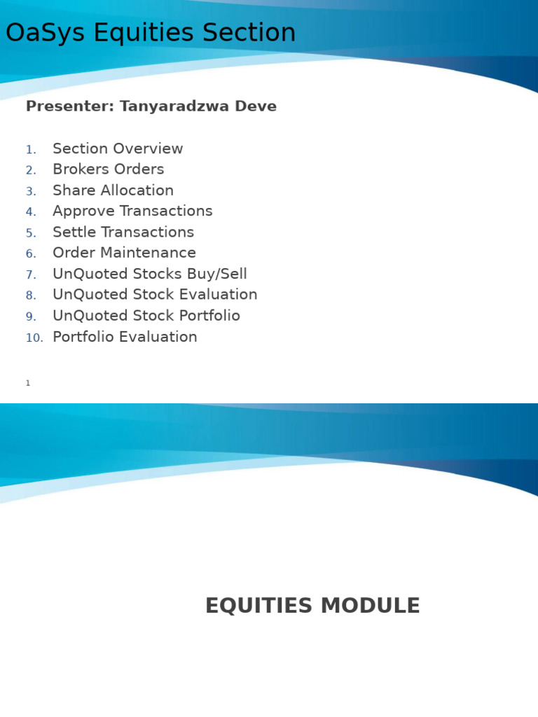 OaSys PMS Training - Equities, Dividends & Pricesheet | PDF | Stocks | Dividend