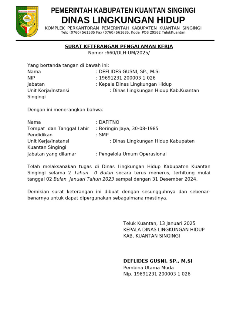 SURAT KETERANGAN PENGALAMAN KERJA (1) DLH Rian | PDF