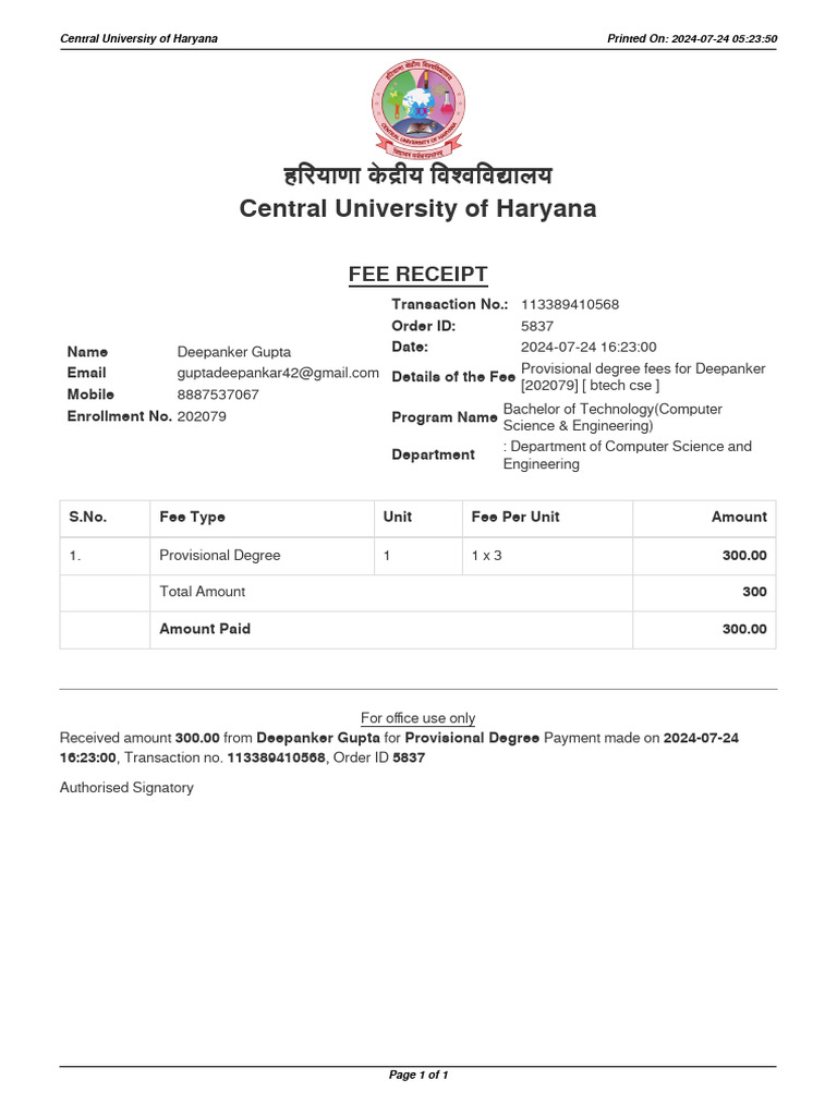 Provisional Degree Fee Receipt | PDF