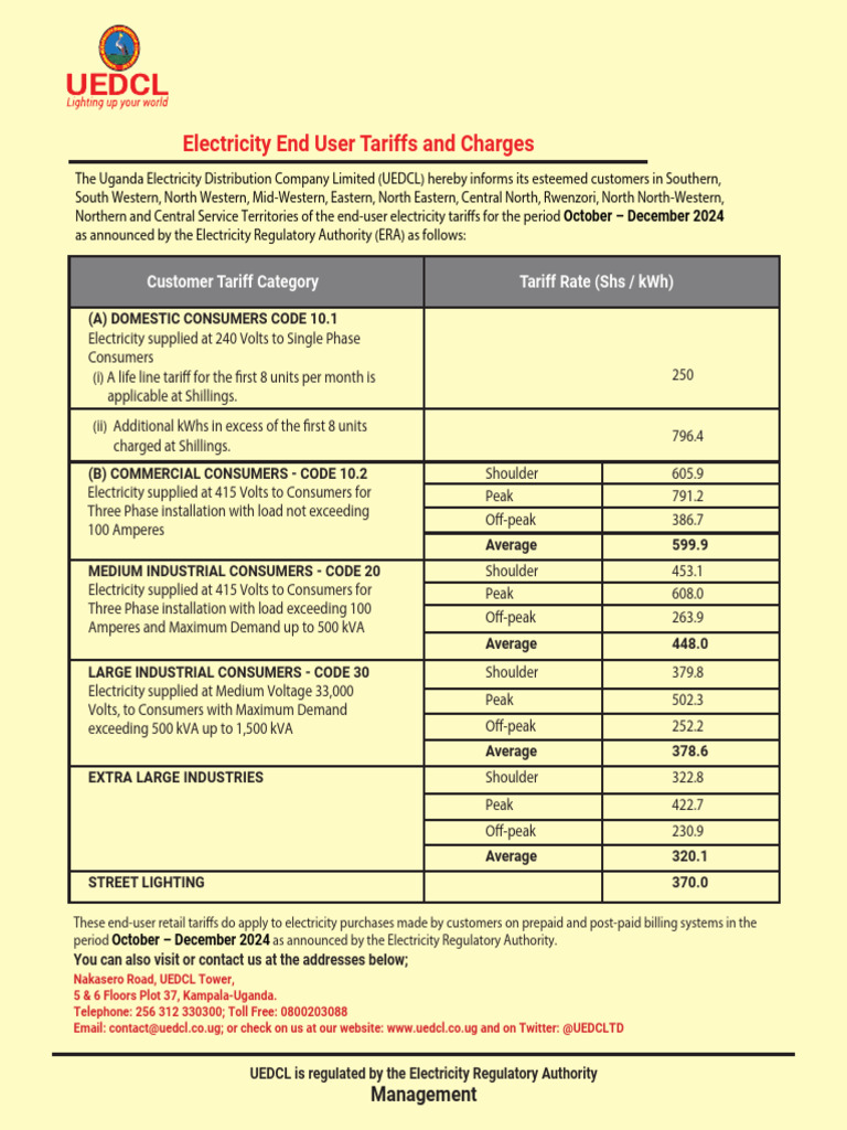 UEDCL Tariff October - December 2024 PDF | PDF | Mains Electricity ...