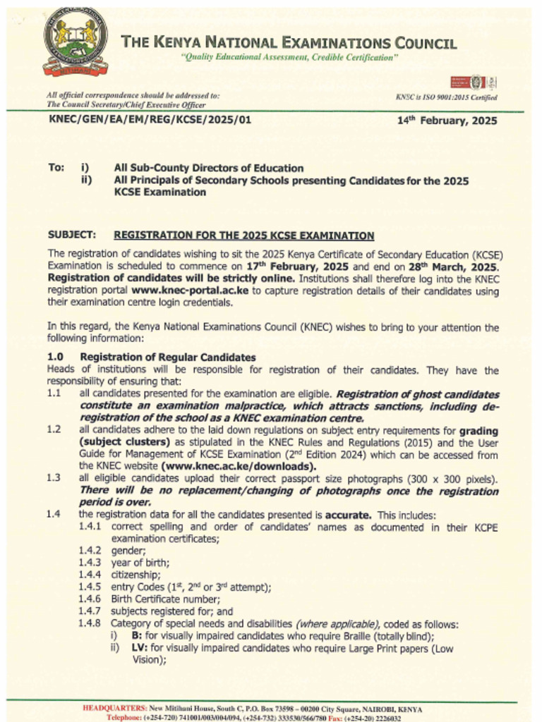 2025 Kcse Registration Circular Approved | PDF