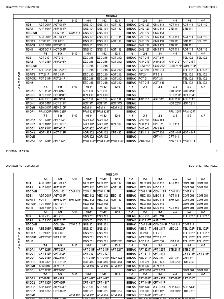 2024 - 2025 1st Semester Tentative Lecture Time Table | PDF