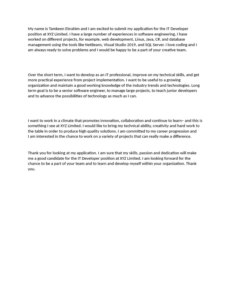 My Name Is Tamkeen Ebrahim and I Am Excited To Submit My Application For The IT | PDF