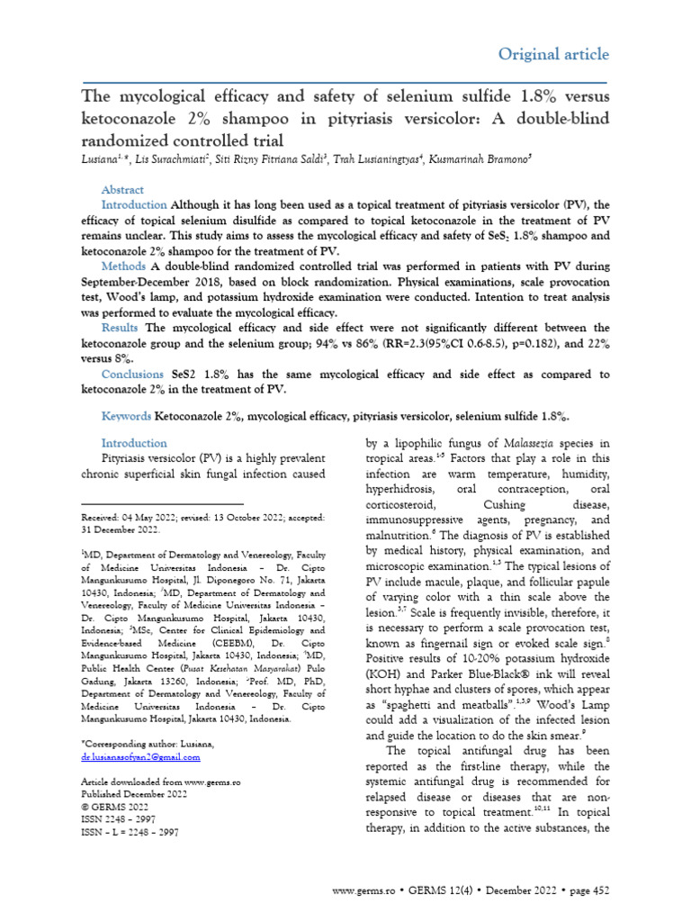The Mycological Efficacy and Safety of Selenium Sulfide 1.8 Versus ...