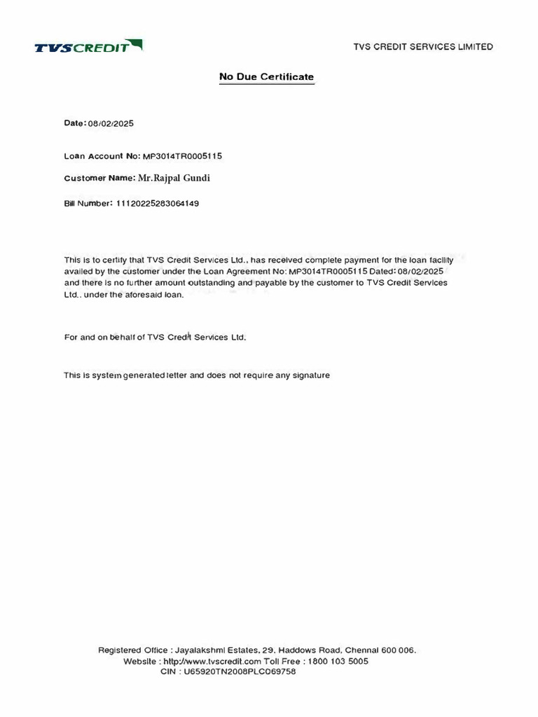 No Due Certificate for Loan MP3014TR0005115 | PDF