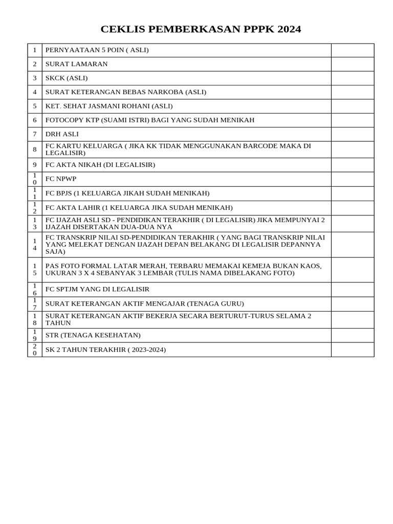 Ceklis Pemberkasan PPPK 2024 | PDF