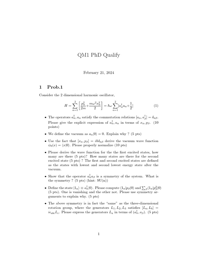 秖 厩 Qualifying Exam QM1 2024 | PDF | Hamiltonian (Quantum Mechanics ...