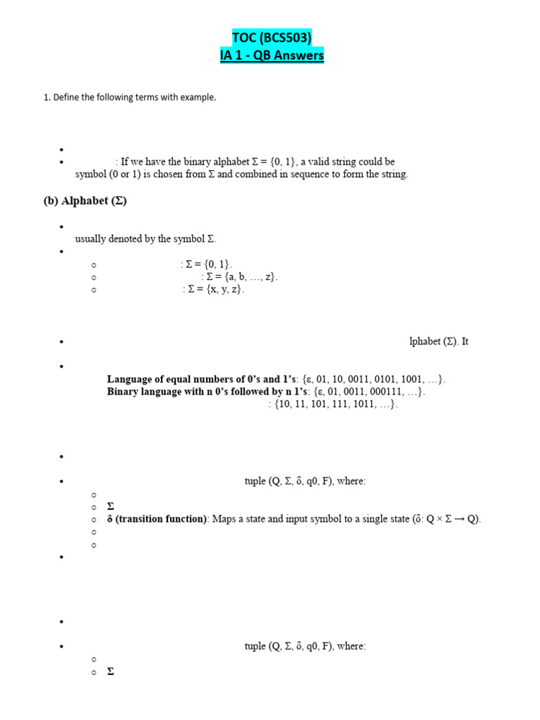 BCS503 IA1: Automata Theory Definitions | PDF | Theory Of Computation | Models Of Computation