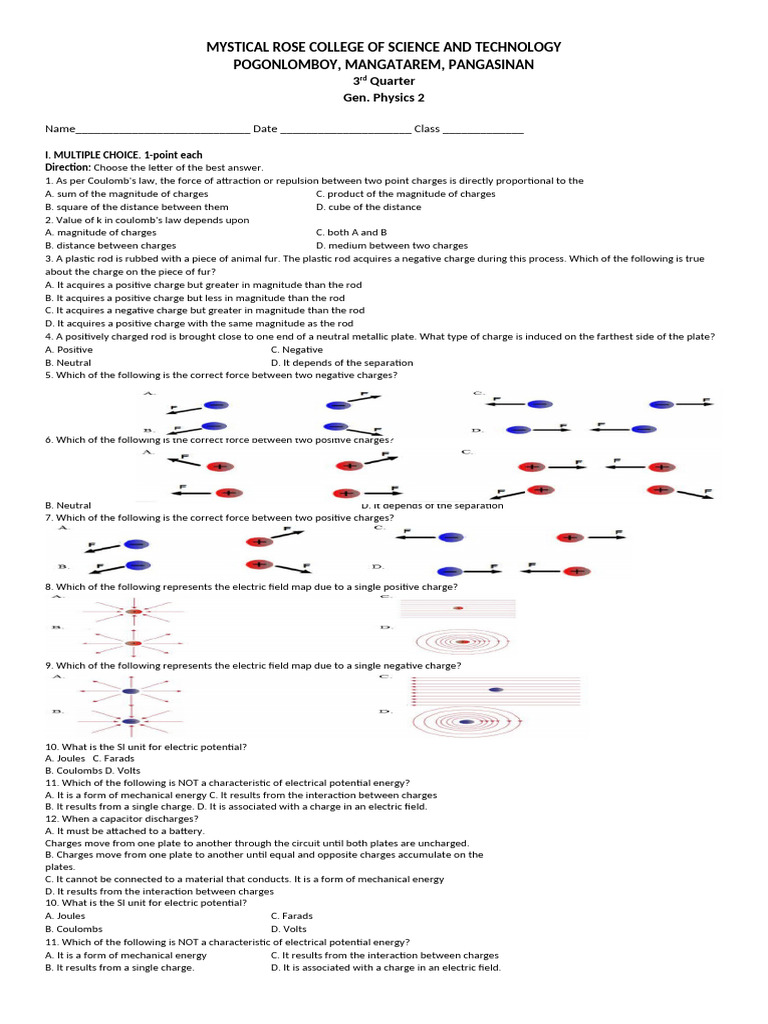 Gen. Physics 2: Multiple Choice & True/False Quiz | PDF | Electric Charge | Capacitor