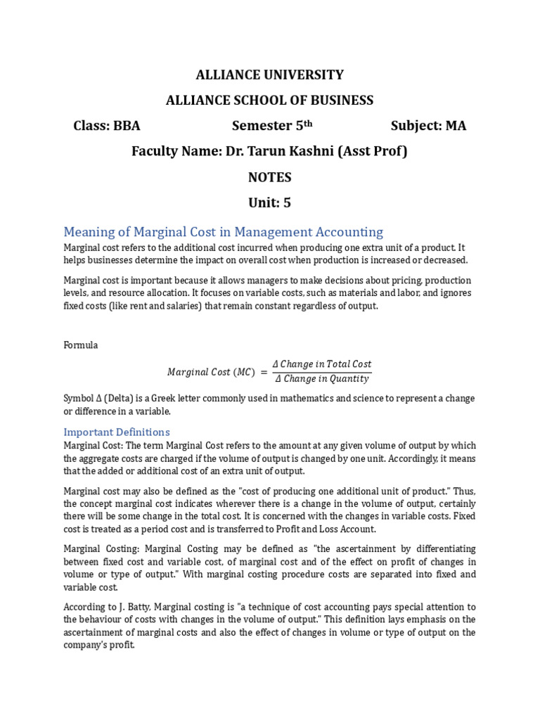 Unit 5 MA Notes | PDF | Marginal Cost | Production And Manufacturing