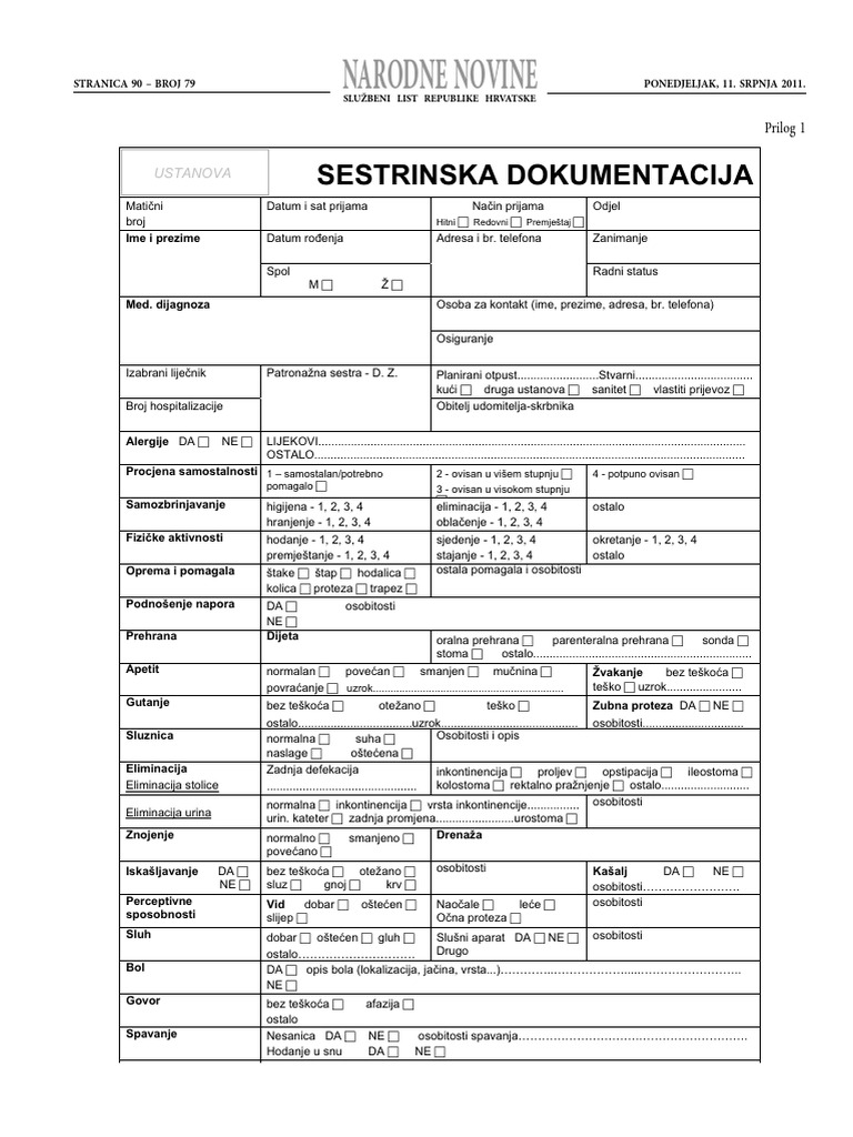 Sestrinska Dokumentacija - Prilog Pravilnika 79-2011 | PDF