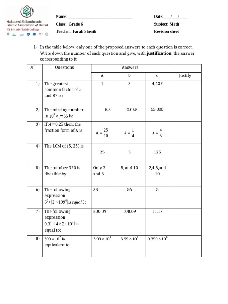 Grade 6 Revision Sheet Before Central | PDF | Circle | Mathematics
