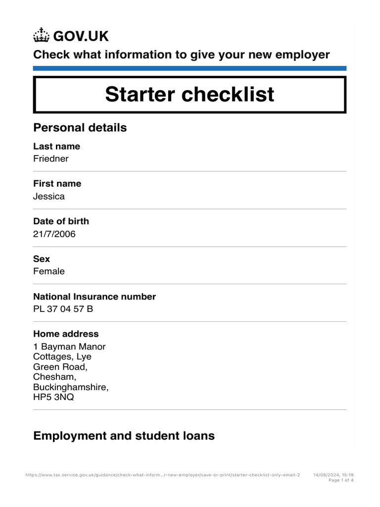 HMRC Starter Checklist Guidance | PDF