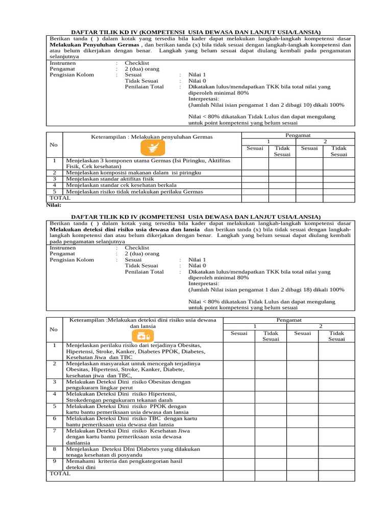 V1 Daftar Tilik KD I (Kompetensi Usia Dewasa Dan Lansia - Penyuluhan Germas | PDF