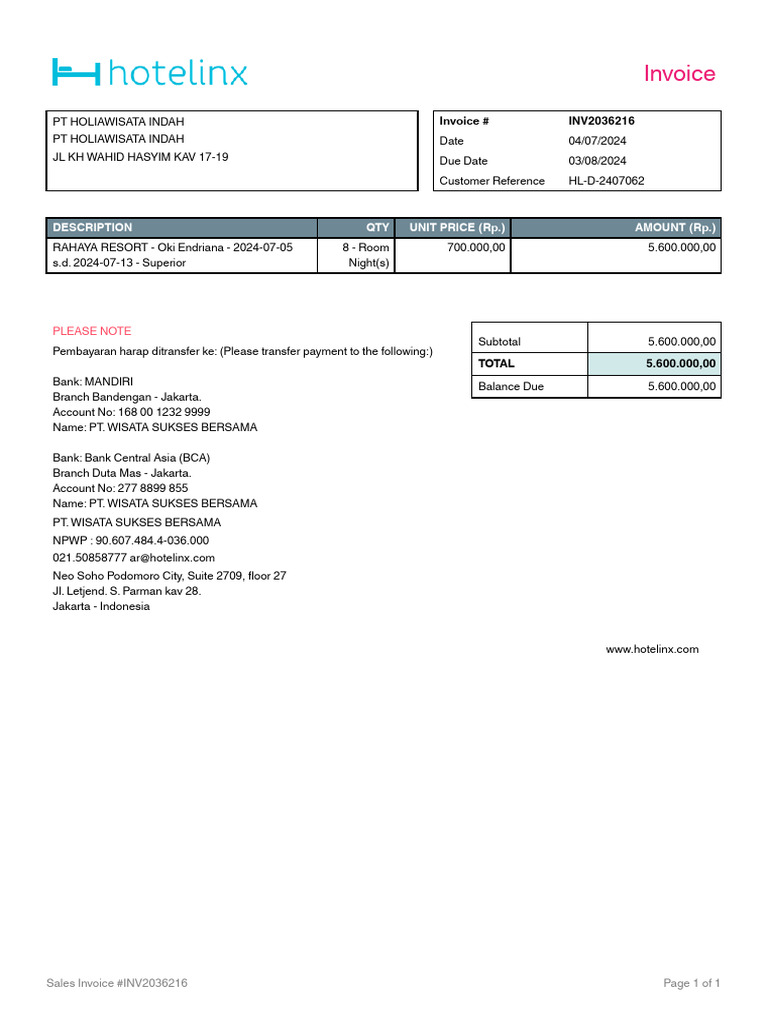 Invoice for Rahaya Resort Stay | PDF