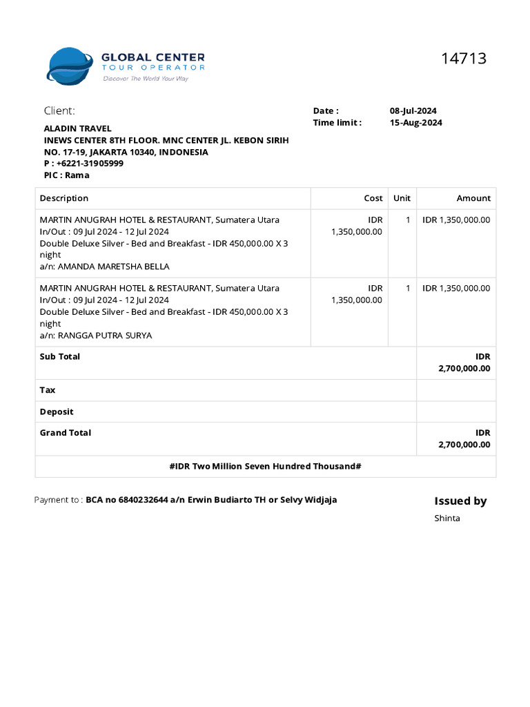 ALADIN-MARTIN ANUGRAH HOTEL & RESTAURANT (2 Room) 8 Jul 2024 | PDF