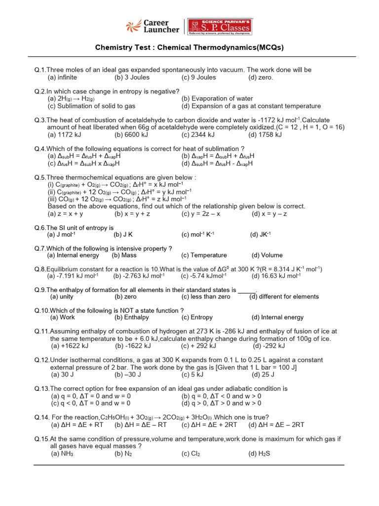 CLSP Chemical Thermodynamics Chem MCQ 29-09-24 | PDF | Enthalpy | Gases