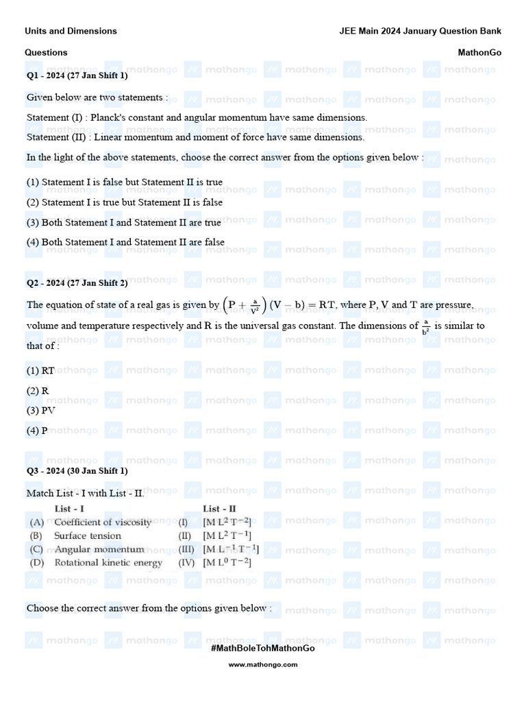 Units and Dimensions JEE Main 2024 January Question Bank MathonGo | PDF ...