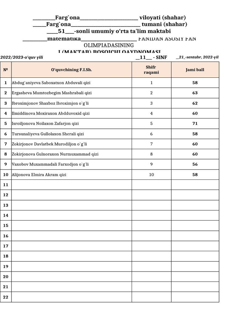 11 Sinf Olimpiada 2022 | PDF