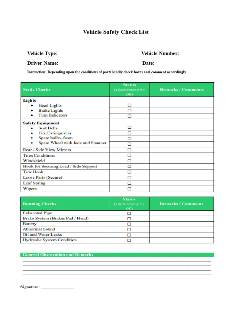 Vehicle Safety Inspection Checklist | PDF