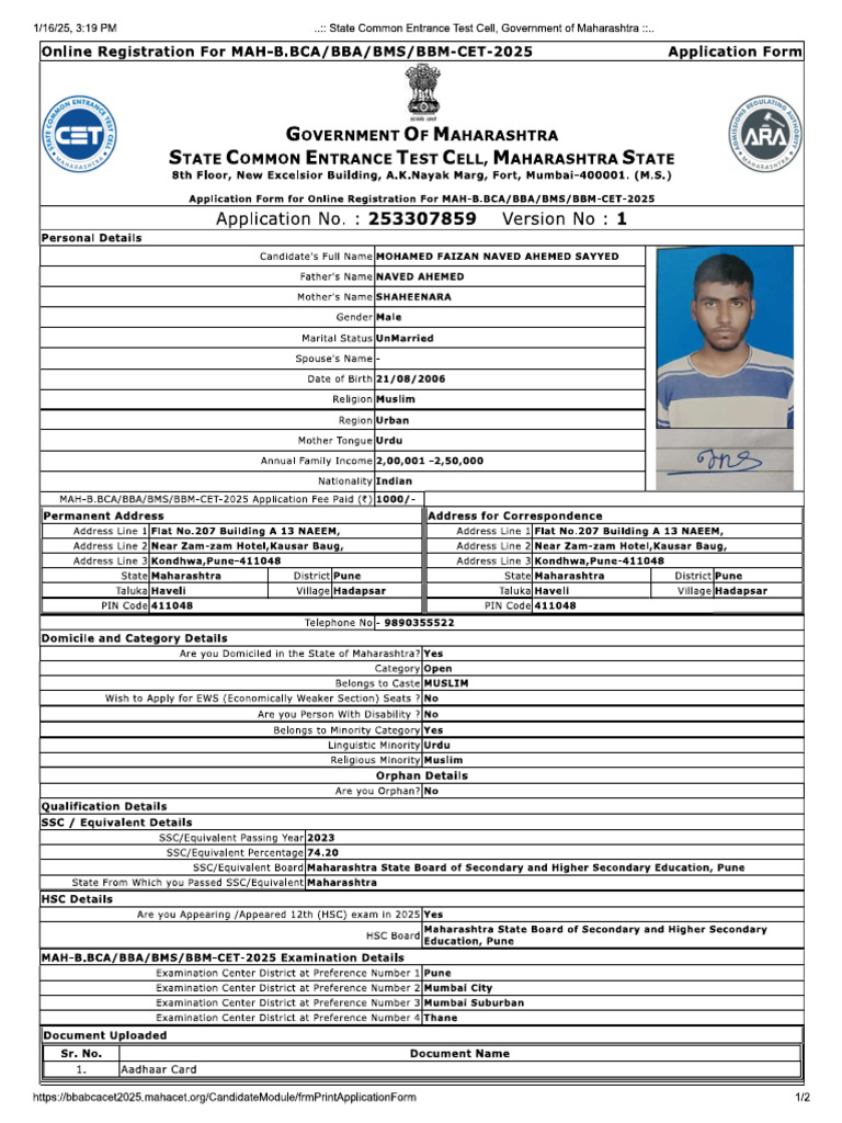 Faizan Online Registration Form Mah-B.bca, Bba, BMS, Bbm-Cet-2025 | PDF