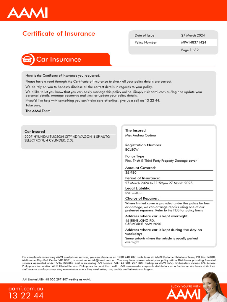 AAMI Car Certificate of Insurance MPA148371424 | PDF | Insurance