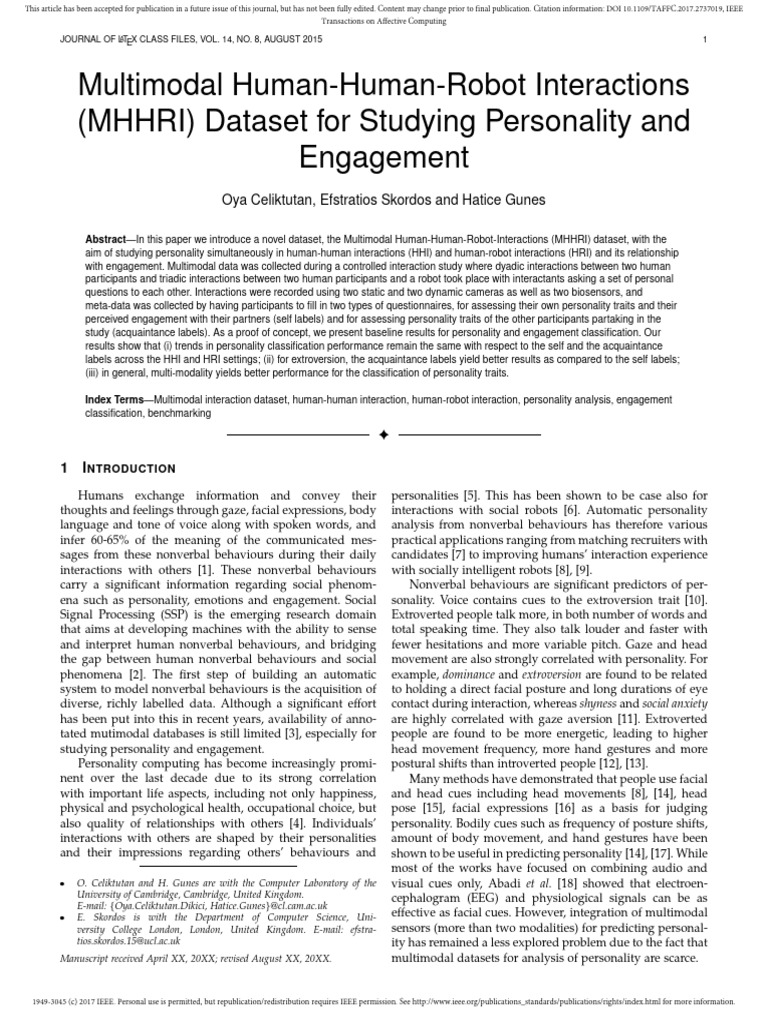 TAFFC.2017.2737019 | PDF | Nonverbal Communication | Extraversion And Introversion