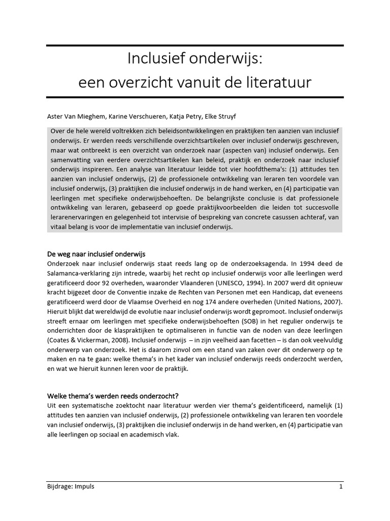 P - Inclusief Onderwijs - Een Overzicht Uit de Literatuur | PDF