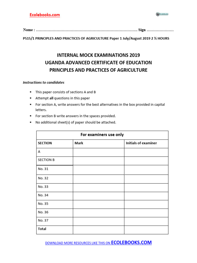 Agric S.6 Internal Mock P.1 2019 | PDF | Soil | Meiosis