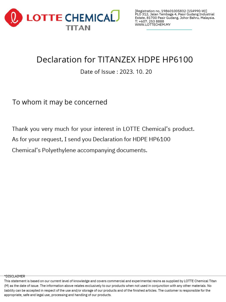 Declaration HP6100 Antioxidant | PDF | Plastic | Amorphous Solid