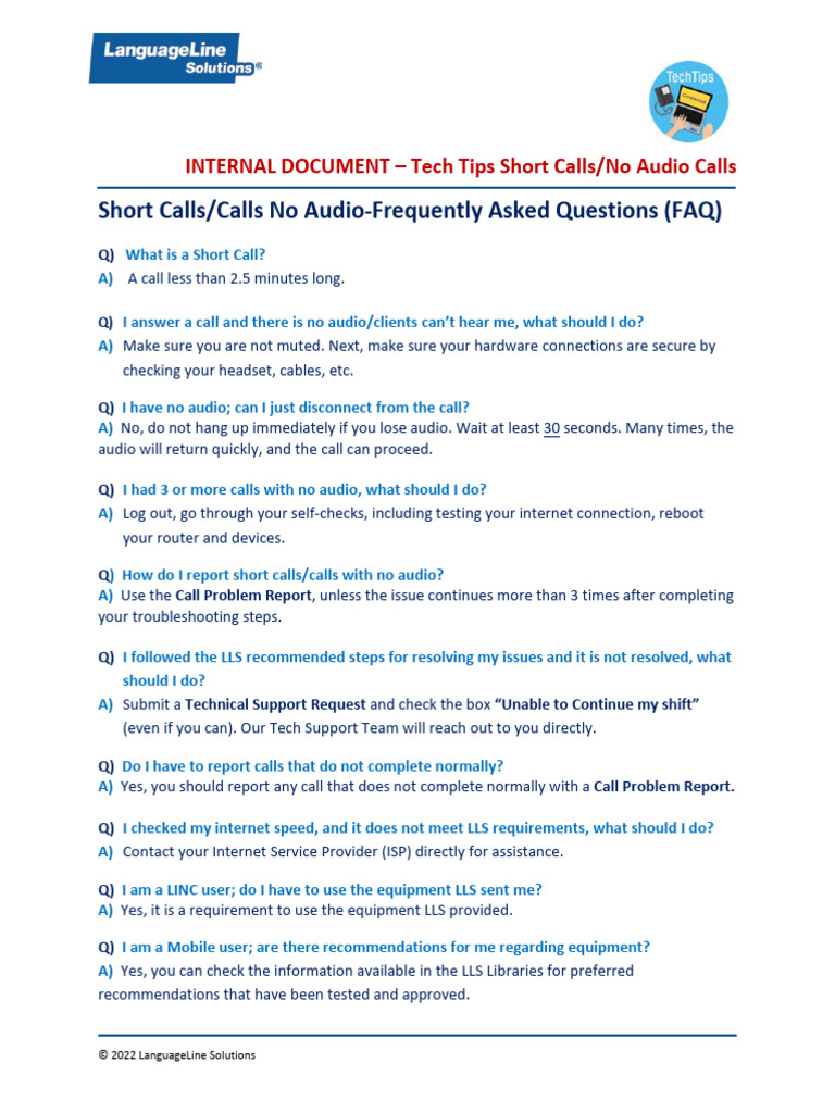 TechTips-Short Calls & Calls With No Audio-Frequently Asked Questions ...