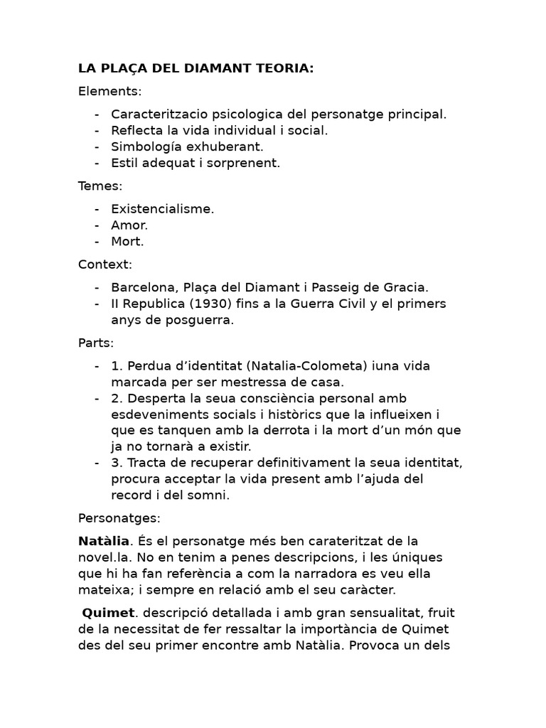 Plaça Del Diamant Teoria Resumen | PDF