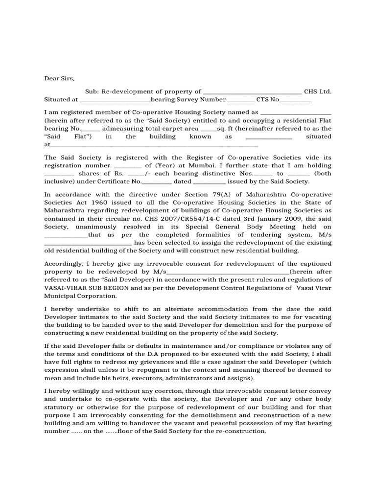 Consent Letter for Society Redevelopment | PDF | Civil Law (Common Law ...