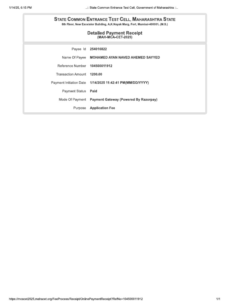 AYAN Online Registration Form Fees MAH-MCA-CET-2025 | PDF