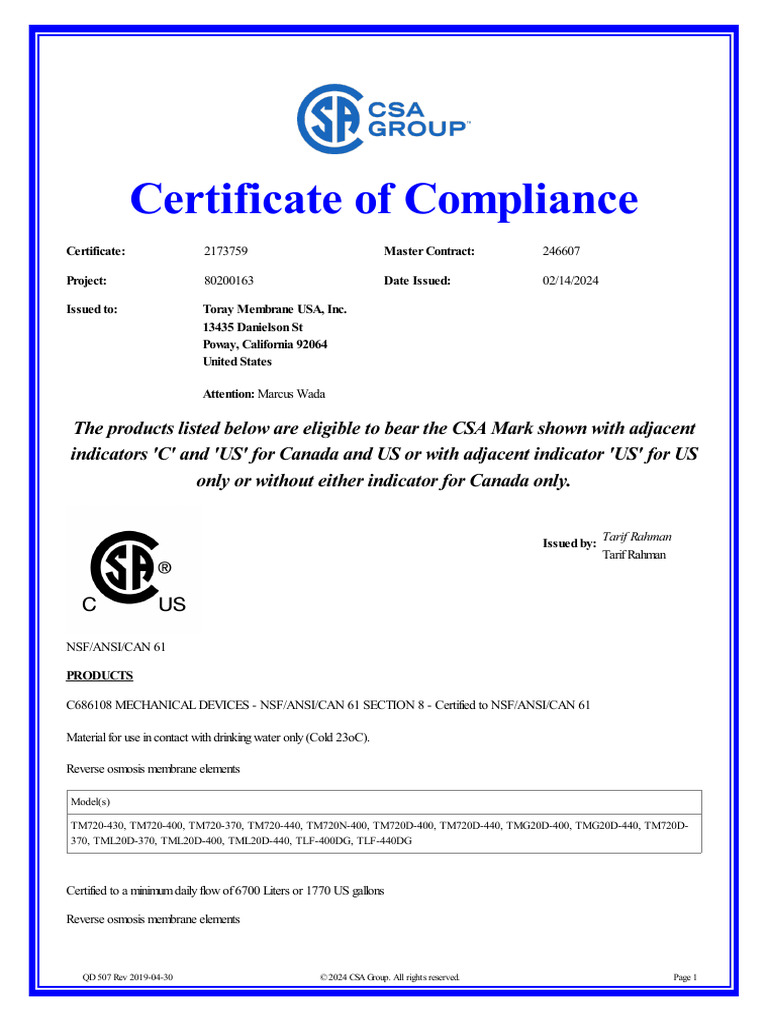 Compliance for Water Filtration Products | PDF | Membrane ...