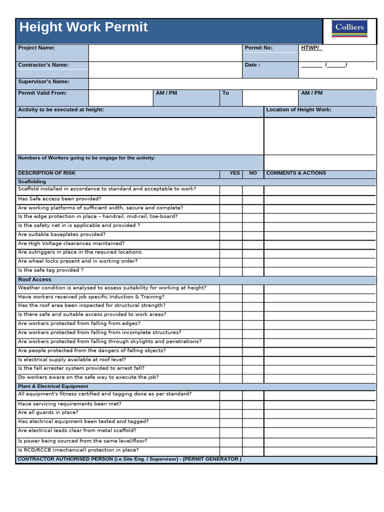 Work at Height Work Permit | PDF | Scaffolding | Safety