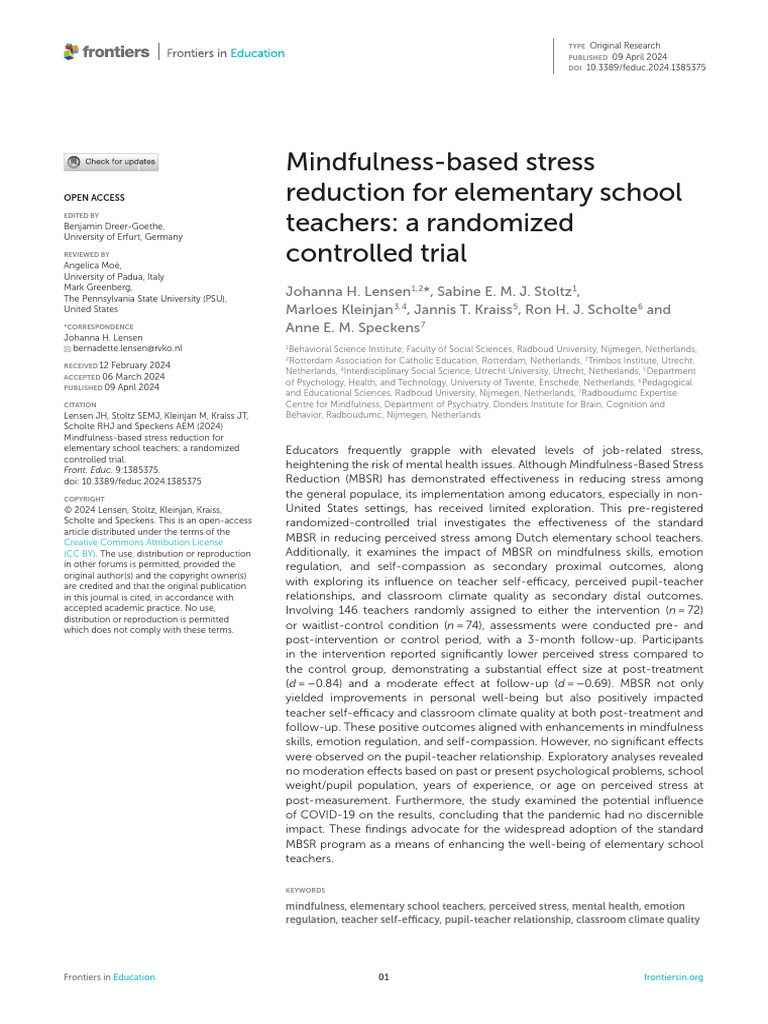 P - Mindfulness-Based Stress Reduction For Elementary School Teachers ...