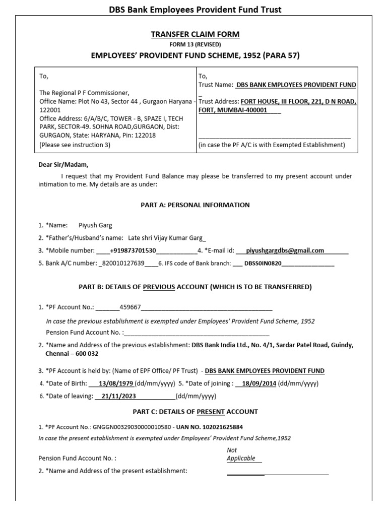 Piyush Garg-DBIL-PF Transfer Claim Form 13 (1) 1 | PDF | Employment Compensation | Financial ...