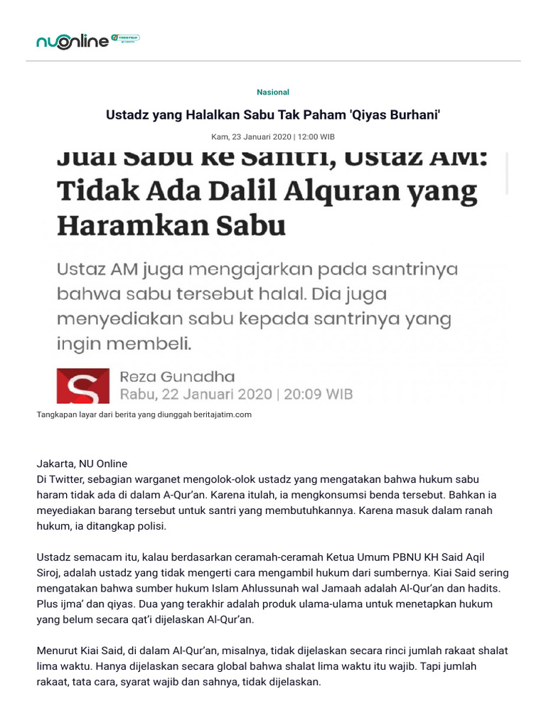 Ustadz Yang Halalkan Sabu Tak Paham 'Qiyas Burhani' | PDF