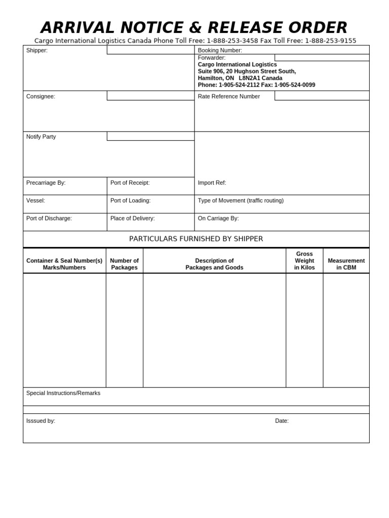 Cargo Arrival Notice & Release Order | PDF