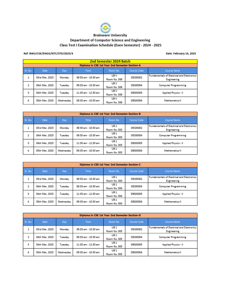 CT 1 Schedule CSE 2024-2025 Even | PDF | Discrete Mathematics | Electronic Engineering