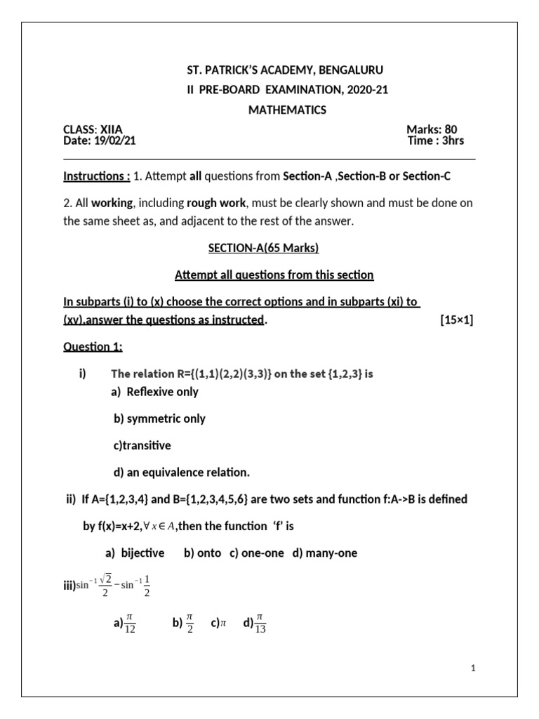 Class XII Pre-Board Math Exam | PDF | Function (Mathematics) | Algebra