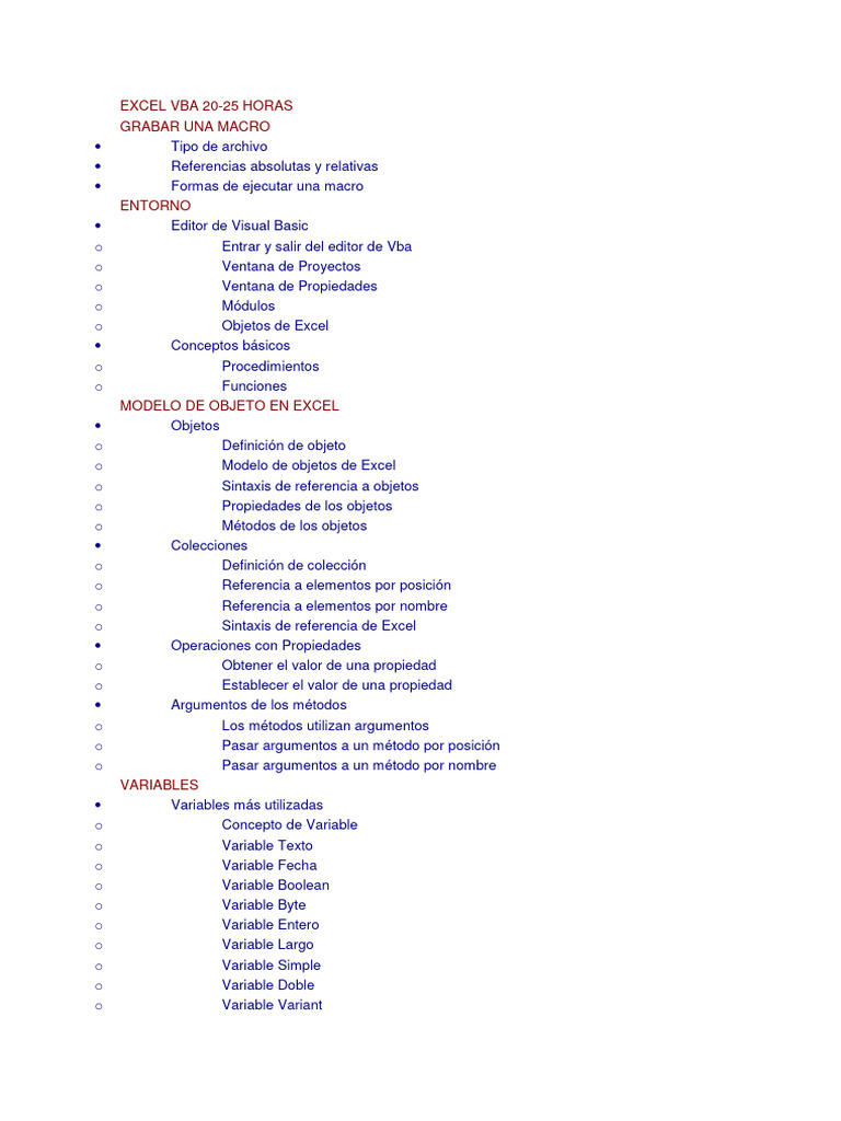 TEMARIOEXCELVBA | PDF | Microsoft Excel | Variable (informática)