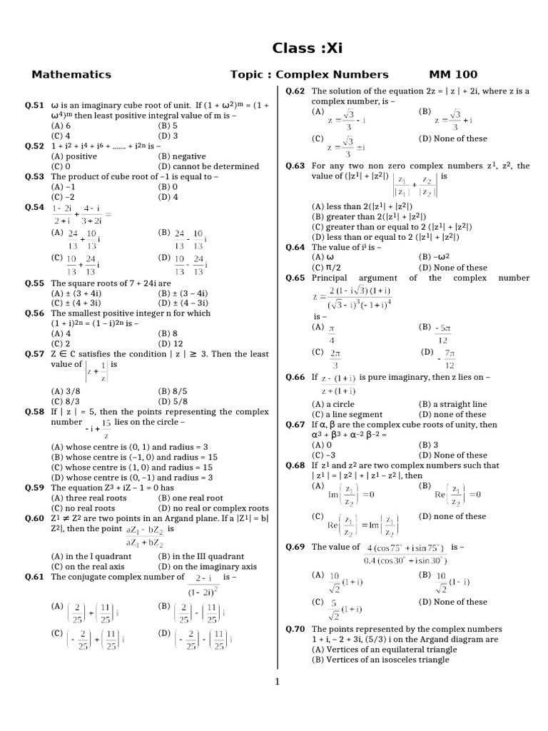 WEEKLY TEST 2 (Complex Numbers) | PDF | Complex Number | Mathematics