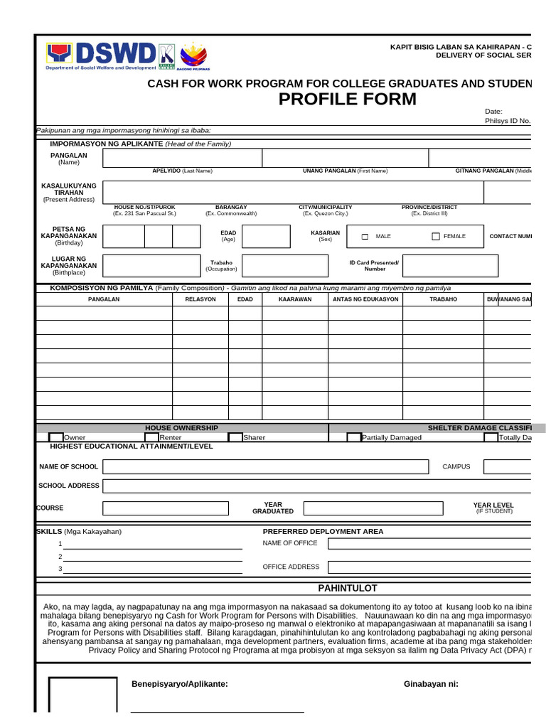 Annex a Revised Cfwp Profile Form 1 | PDF