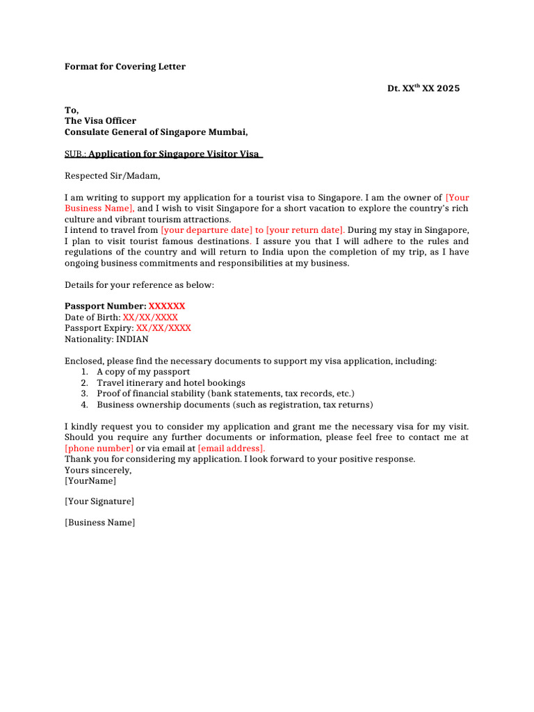 Singapore Tourist Visa Cover Letter Format | PDF