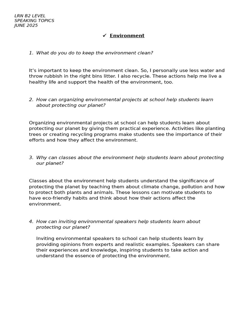 4. Environment - LRN B2 Speaking - Marilia | PDF