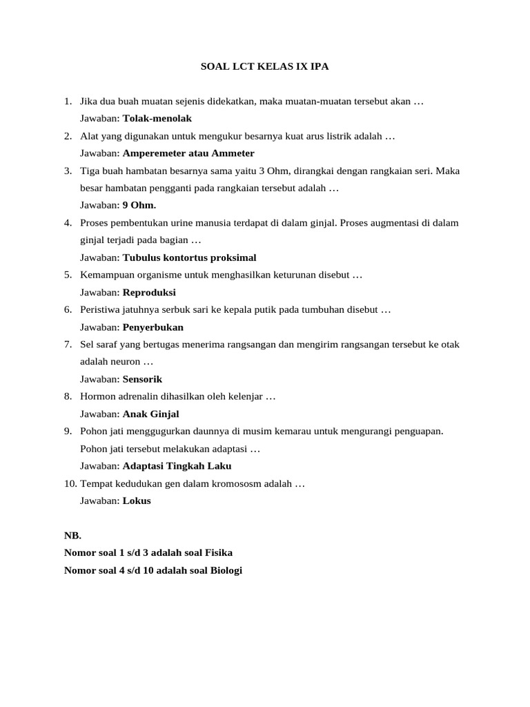 Soal LCT Kelas Ix Ipa | PDF