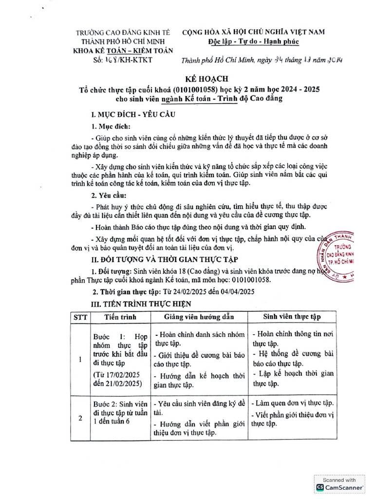 1-KE HOACH THUC TAP CUOI KHOA - KHOA 18 - 2024 - ngành kế toán, mã môn học 0101001058 | PDF