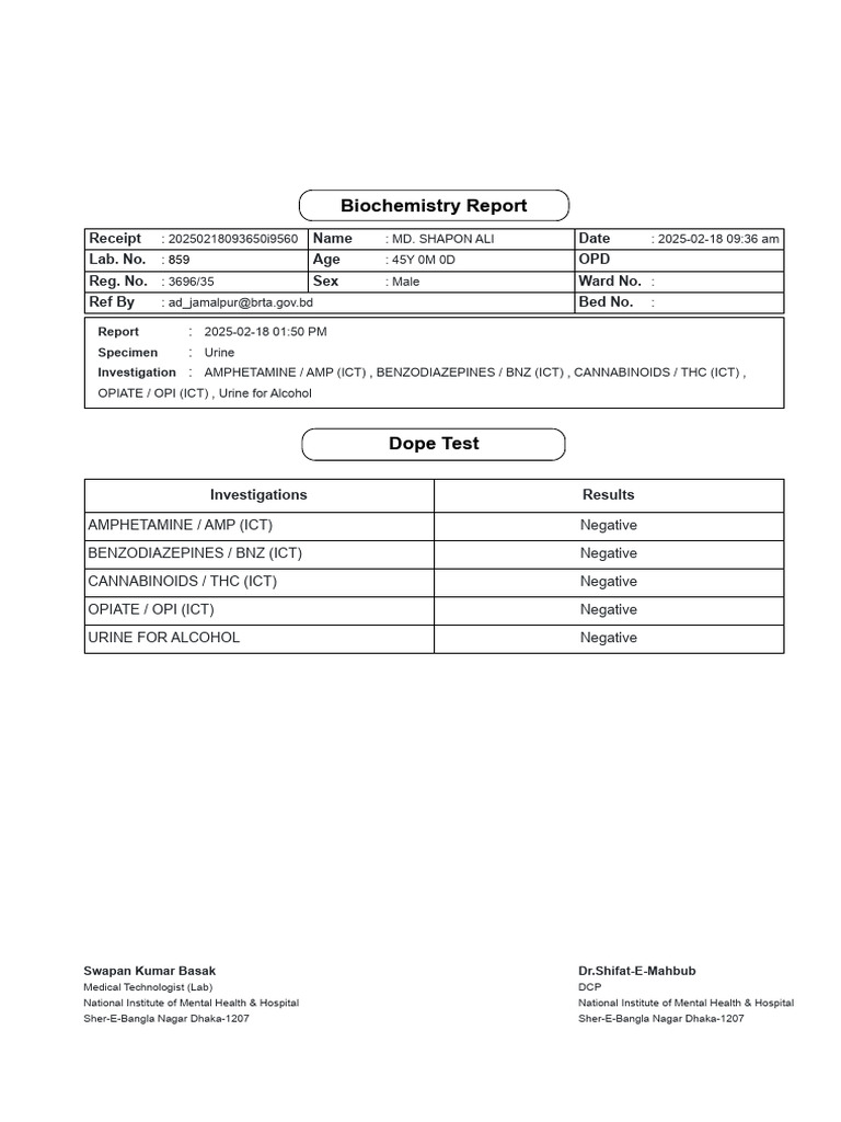 Biochemistry Report: Receipt Name Date Lab. No. Age OPD Reg. No. Sex Ward No. Ref by Bed No | PDF